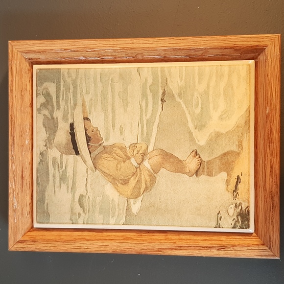 Art | Vintage Kimberly Enterprise Wood Framed Ceramic Tile Girl Playing ...